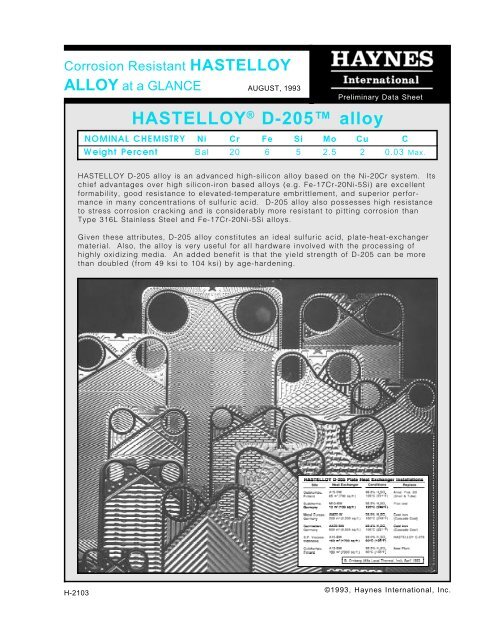 HASTELLOY® D-205™ alloy - Haynes International, Inc.