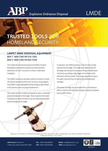 Limpet Mine Disposal Equipment (LMDE) - AB Precision (Poole) Ltd