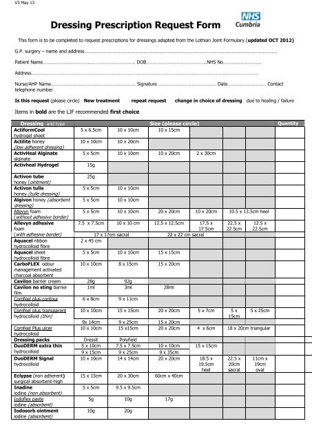 Dressing prescription request form - NHS Cumbria