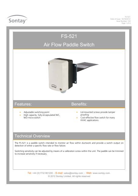 FS-521 Air Flow Paddle Switch - Sontay