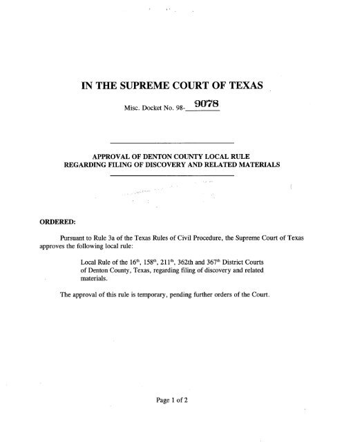 Denton County Local Rule Regarding Filing of Discovery