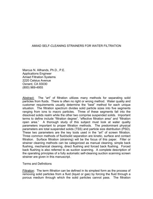 AMIAD SELF-CLEANING STRAINERS FOR WATER FILTRATION ...