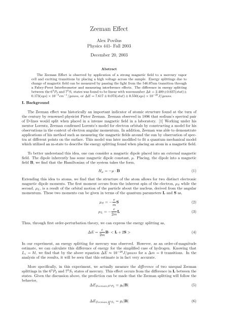 Zeeman Effect - Experimental Physics