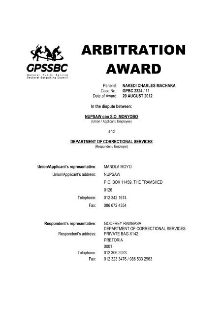 ARBITRATION AWARD - GPSSBC