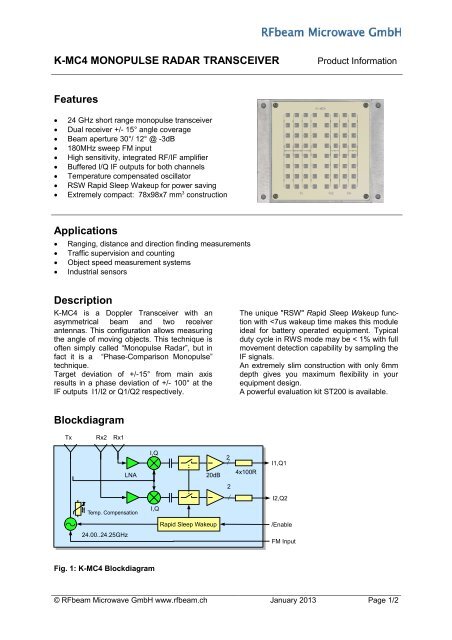 K-MC4 MONOPULSE RADAR TRANSCEIVER Features ... - RFbeam