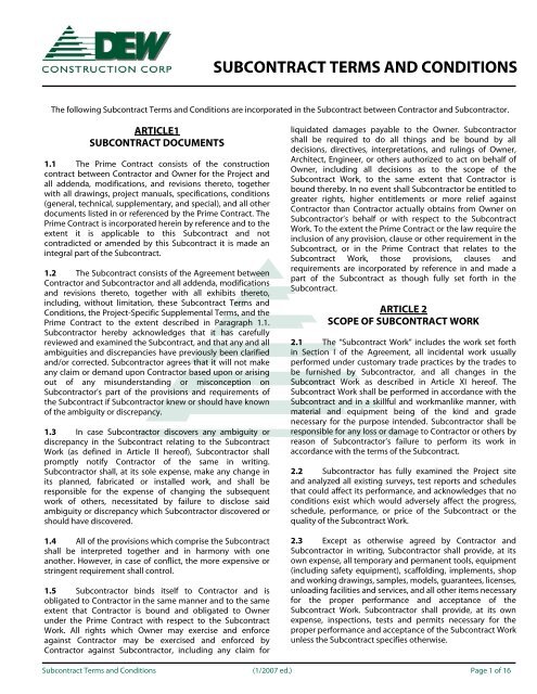 uniform special conditions to subcontract - DEW Construction Corp