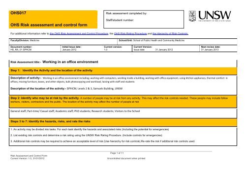 OHS017 OHS Risk assessment and control form - School of Public ...