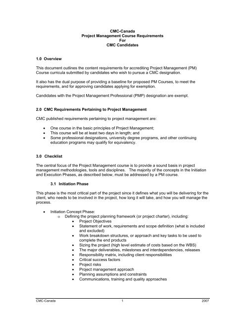 CMC-Canada Project Management Course Requirements For CMC ...