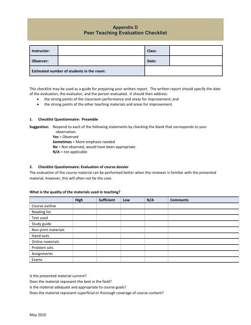 Appendix D Peer Teaching Evaluation Checklist Appendix D Peer Teaching Evaluation Checklist