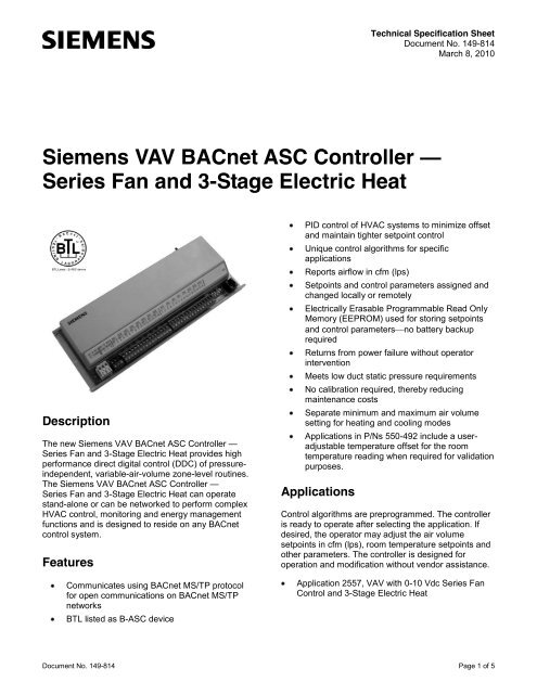 Siemens VAV BACnet Controller - Series Fan & 3-Stage Electric Heat