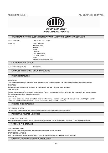 SAFETY DATA SHEET ARDEX FINE AGGREGATE - ARDEX UK Ltd.