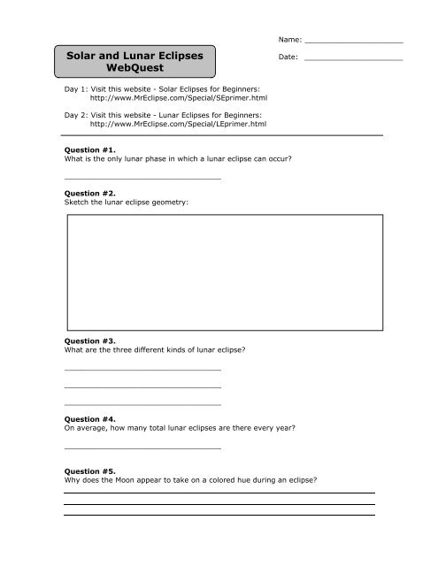 Solar and Lunar Eclipses WebQuest