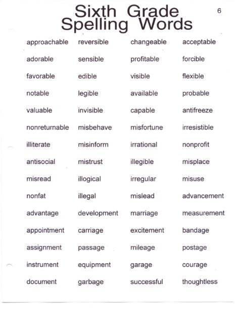 Sixth Grade Spelling Spelling Words 6th Grade Spelling Words Grade 