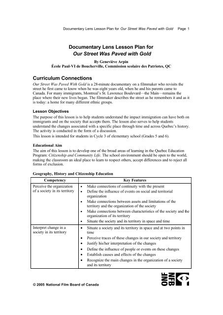 Documentary Lens Lesson Plan for Our Street Was Paved with Gold ...