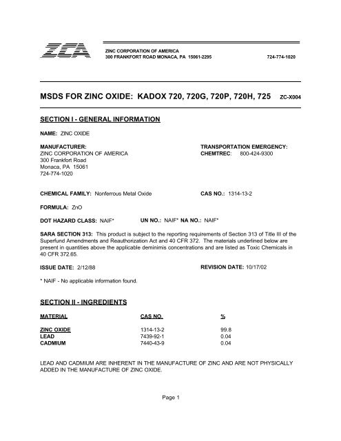 MSDS FOR ZINC OXIDE: KADOX 720, 720G, 720P, 720H, 725 ZC ...