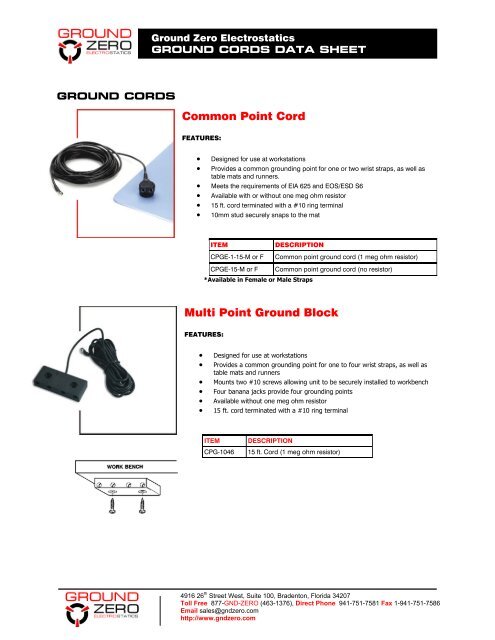 Ground Cords Data Sheet - Ground Zero Electrostatics
