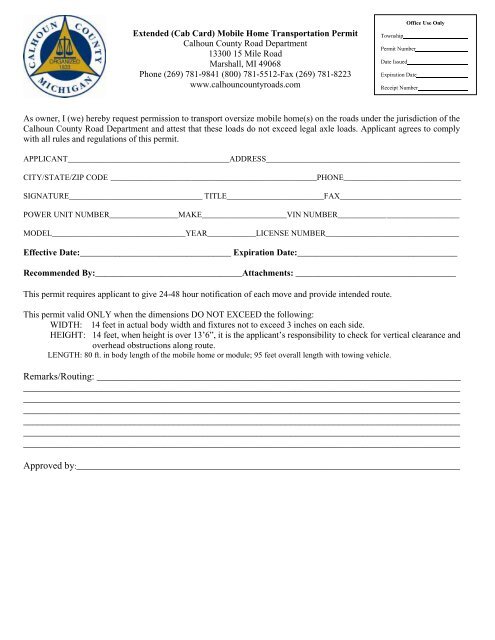 Mobile Home Permit - Calhoun County Road Department