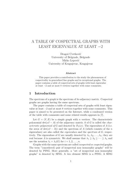 A TABLE OF COSPECTRAL GRAPHS WITH LEAST EIGENVALUE ...