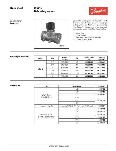 Data sheet MSV-U Balancing Valves