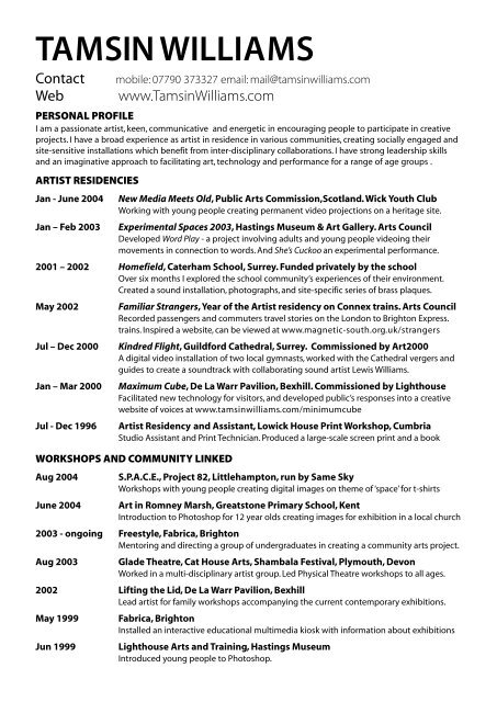 My Curriculum Vitae - Tamsin Williams - Artist