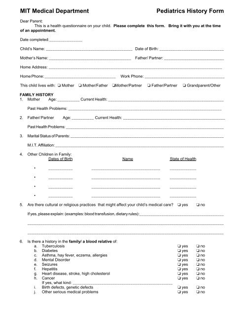 MIT Medical Department Pediatrics History Form