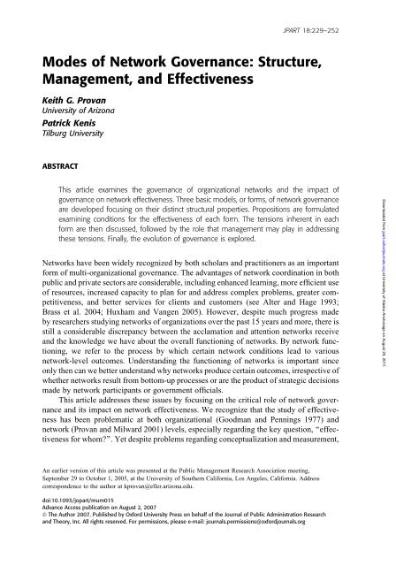 Keith G. Provan and Patrick Kenis, Modes of Network Governance