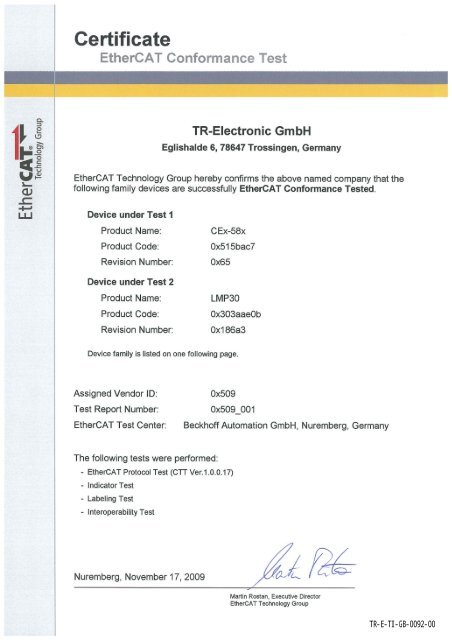 Certificate Ethercat Conformance Test Tr Electronic
