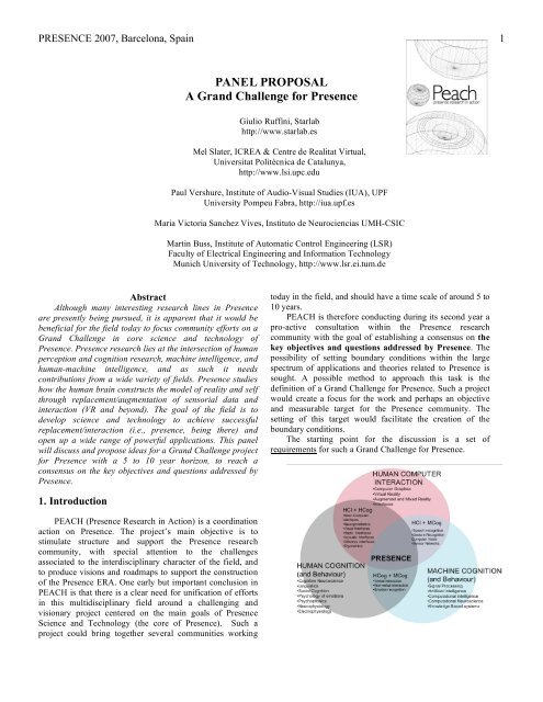 PANEL PROPOSAL A Grand Challenge for Presence - Peach ...