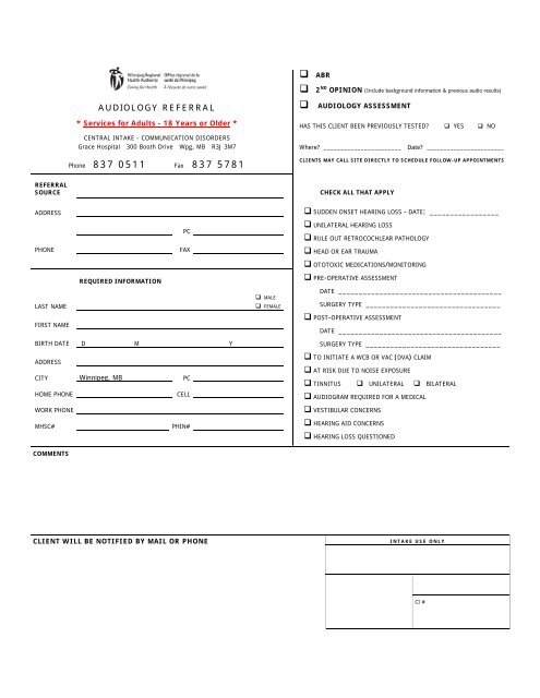 CI - Audio Referral Form - Winnipeg Regional Health Authority