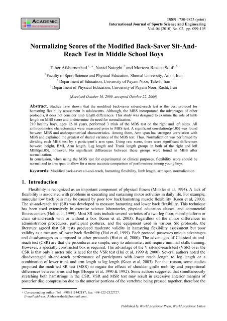 Normalizing Scores of the Modified Back-Saver Sit-And-Reach Test ...