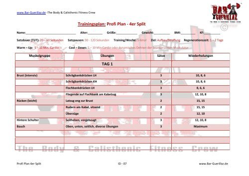 Trainingsplan: Profi Plan - 4er Split - Bar Guerillaz