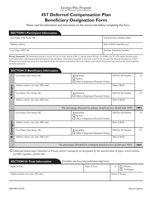 457 Deferred Compensation Plan Beneficiary Designation Form