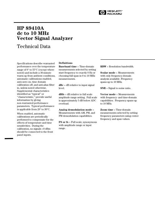 HP 89410A dc to 10 MHz Vector Signal Analyzer Technical ... - TEVET