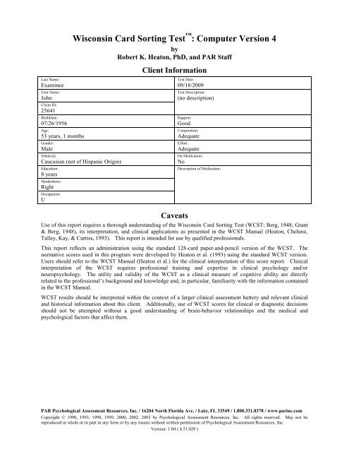 WCST-Computer Version Score Report - Psychological Assessment ...
