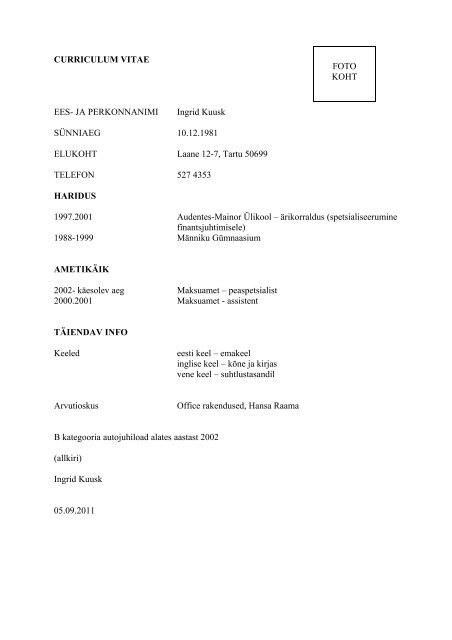 CURRICULUM VITAE - Eesti EttevÃµtluskÃµrgkool Mainor