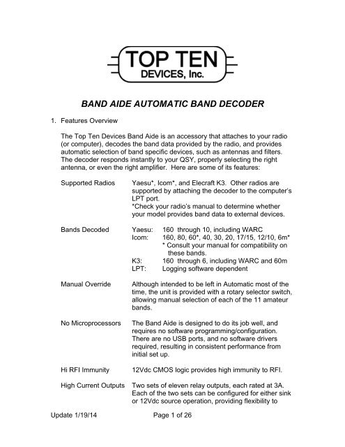 “Band Aide” Band Decoder for Yaesu, Elecraft K3, Icom ... - QTH.com