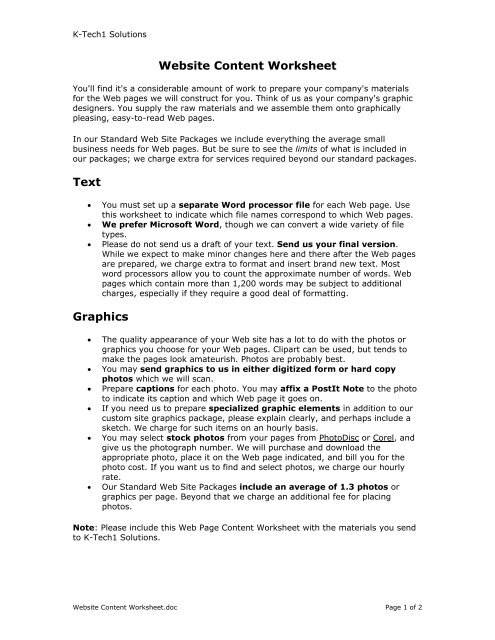 Web Site Content Worksheet