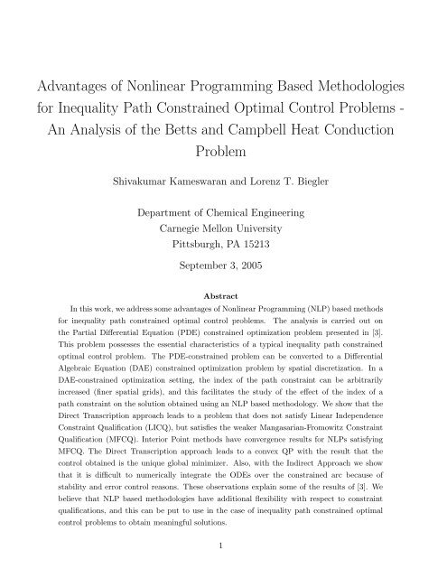 Advantages of Nonlinear Programming Based Methodologies for ...