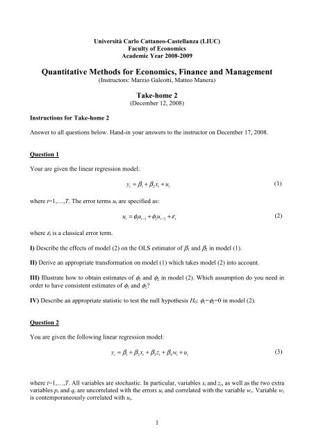 Quantitative Methods for Economics, Finance and Management