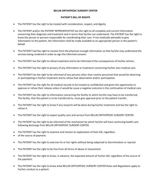BELLIN ORTHOPEDIC SURGERY CENTER PATIENT'S BILL OF ...