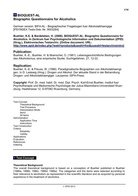 Biographic Questionnaire for Alcoholics BIOQUEST-AL ... - ZPID