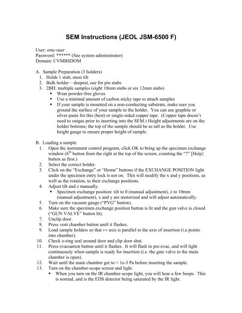 SEM Instructions (JEOL JSM-6500 F)
