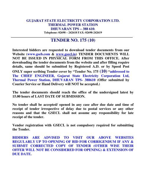 TENDER NO. 175 (10) - Gujarat Electricity Board