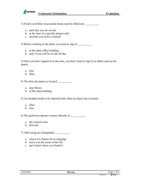 Lafarge Ravena Contractor Orientation Questions with Key April 26 ...