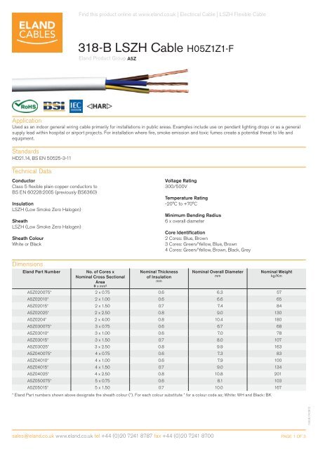 318-B LSZH Cable H05Z1Z1-F - Eland Cables