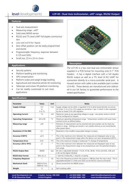 LCP 45 inclinometer tilt sensor datasheet - Level Developments