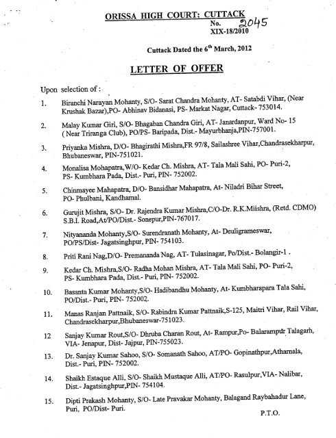 LETTER OF OFFER - Orissa High Court