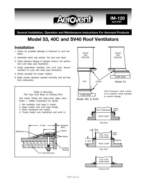 Model 53, 40C and SV40 Roof Ventilators - IM-120 - Aerovent
