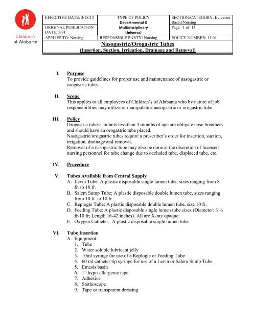 Nasogastric/Orogastric Tubes - Children's of Alabama