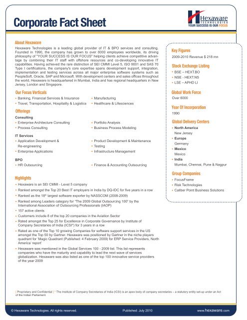 Corporate Fact Sheet - Hexaware